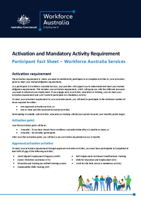 Workforce Australia Services - Activation and Mandatory Activity Requirement - Participant Fact ...